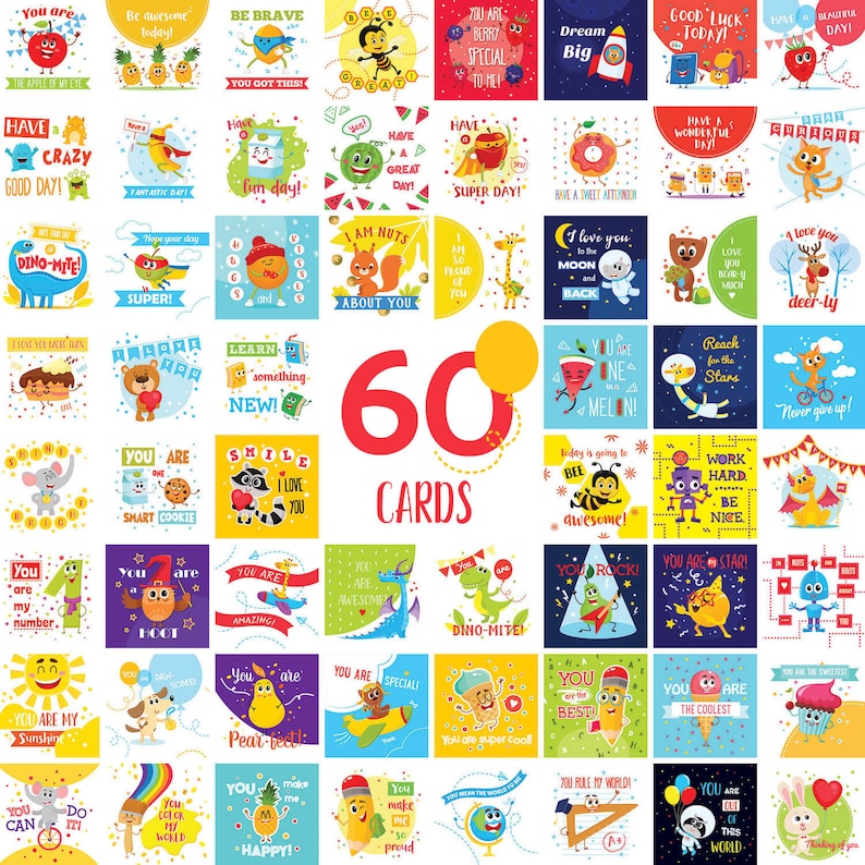 Lunch Box Notes for Kids - 60 Cute Inspirational and Motivational ...
