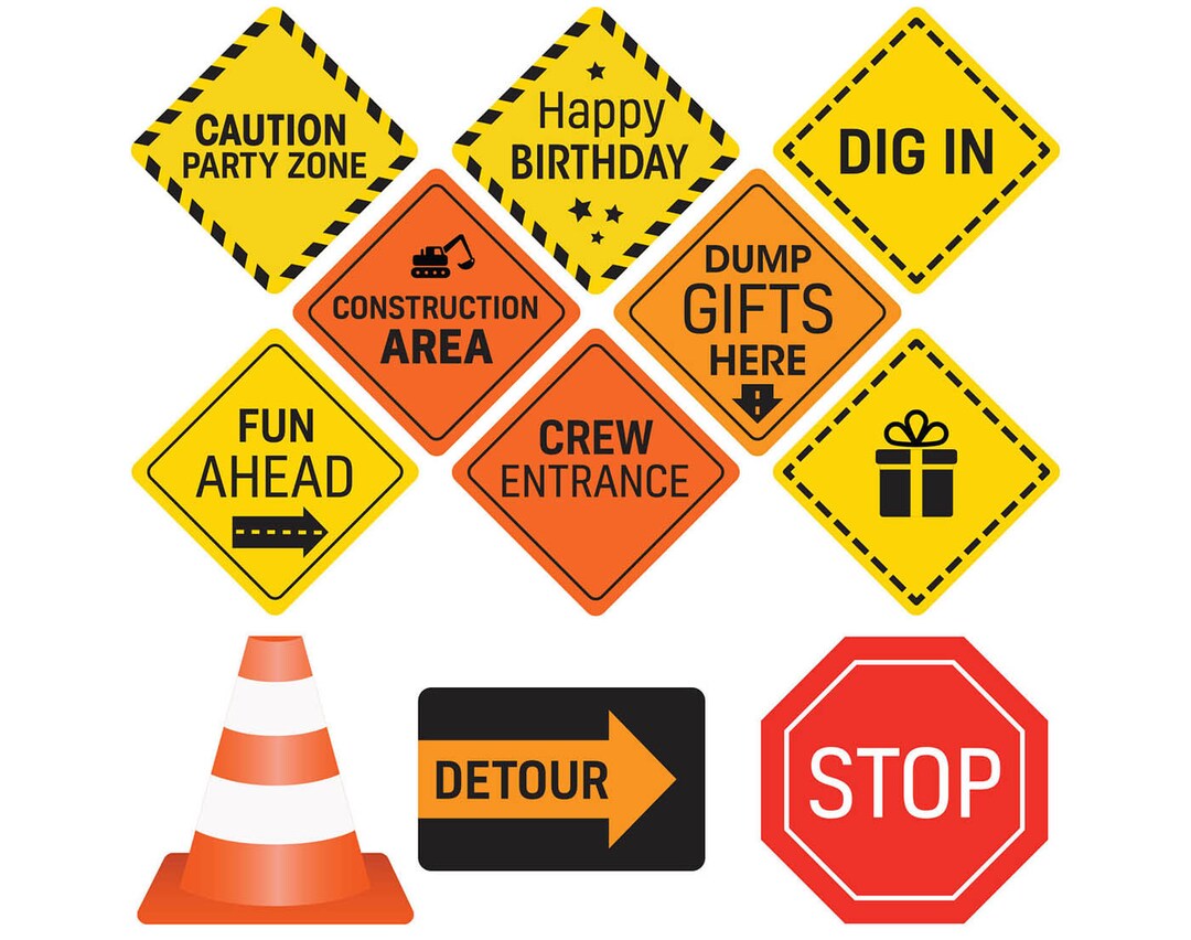 Construction Birthday Party Supplies Signs - 12 Double Sided Medium ...
