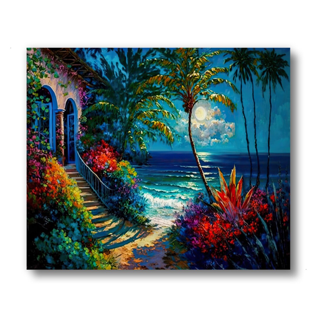 Beach House Wall Art Original Painting Print on Canvas, Tropical ...