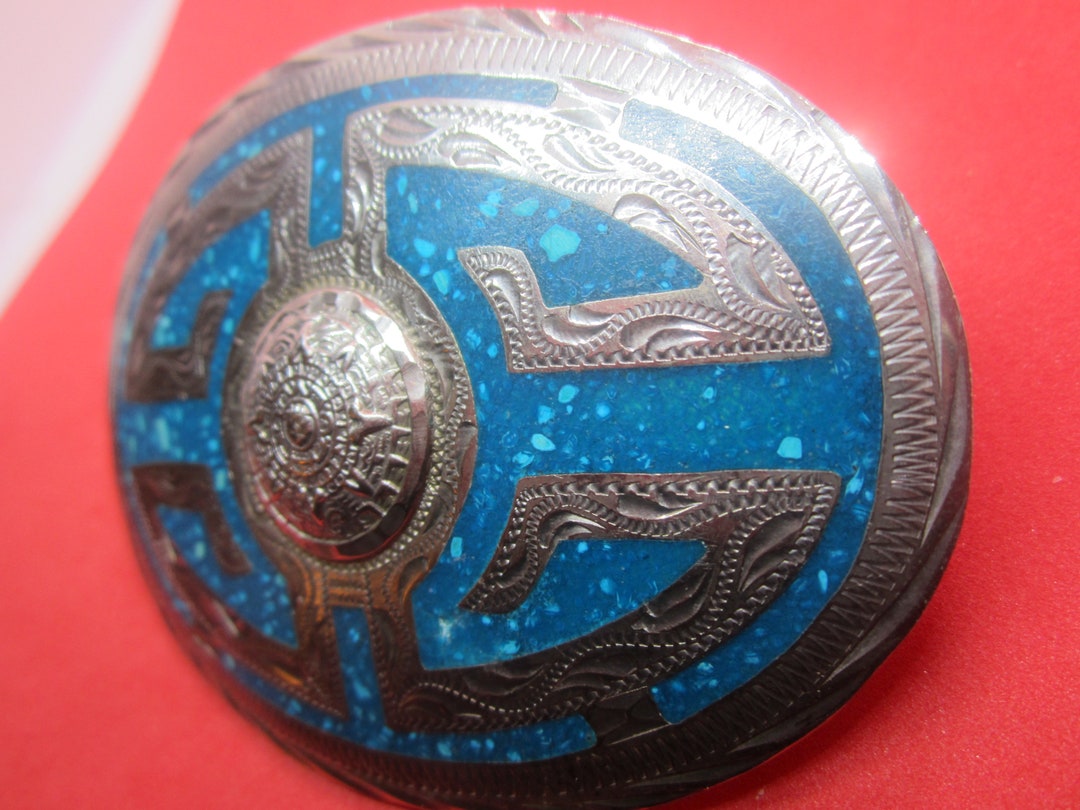 Vintage Alpaca Silver Belt Buckle Mexico Mayan Sun Turquoise Inlay - Etsy