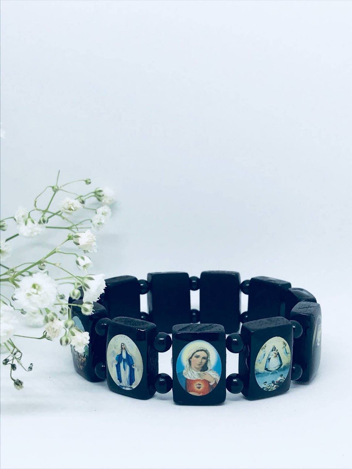 Black Wood Catholic Bracelet With Assorted Images of Jesus, Mary and ...