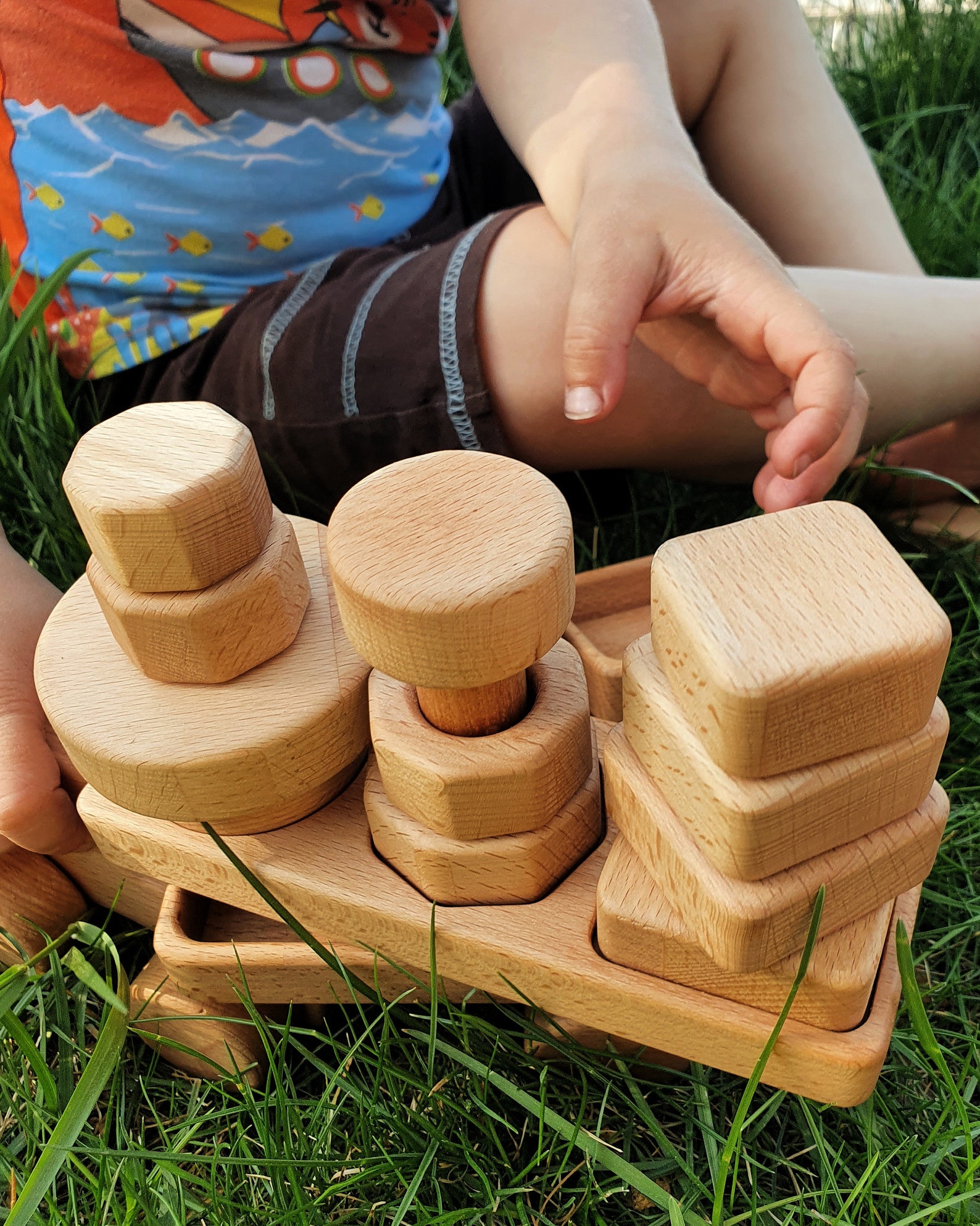 Wooden Montessori shape pyramid sorter block and trailer | Etsy