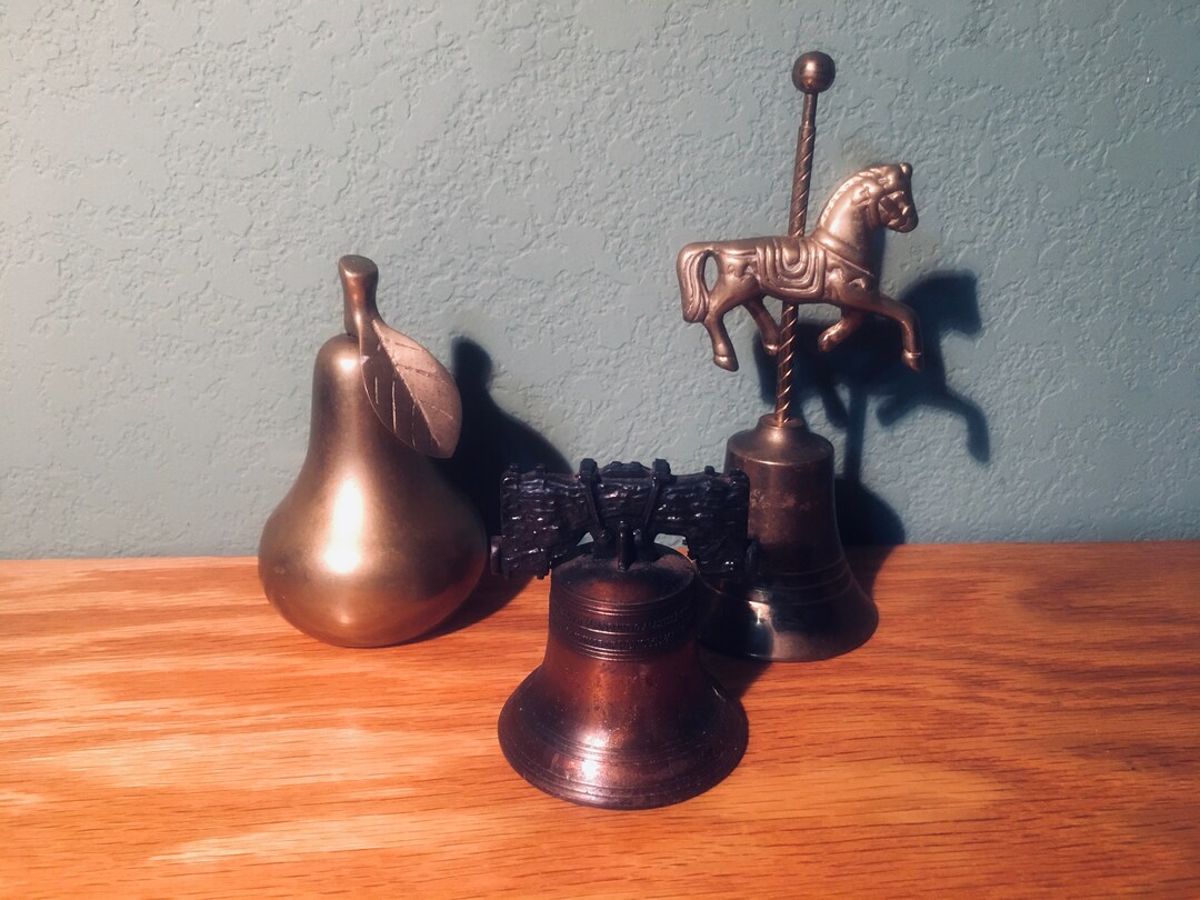 Brass Bells Set of 3 Carousel Horse, Liberty Bell, Pear Bell - Etsy