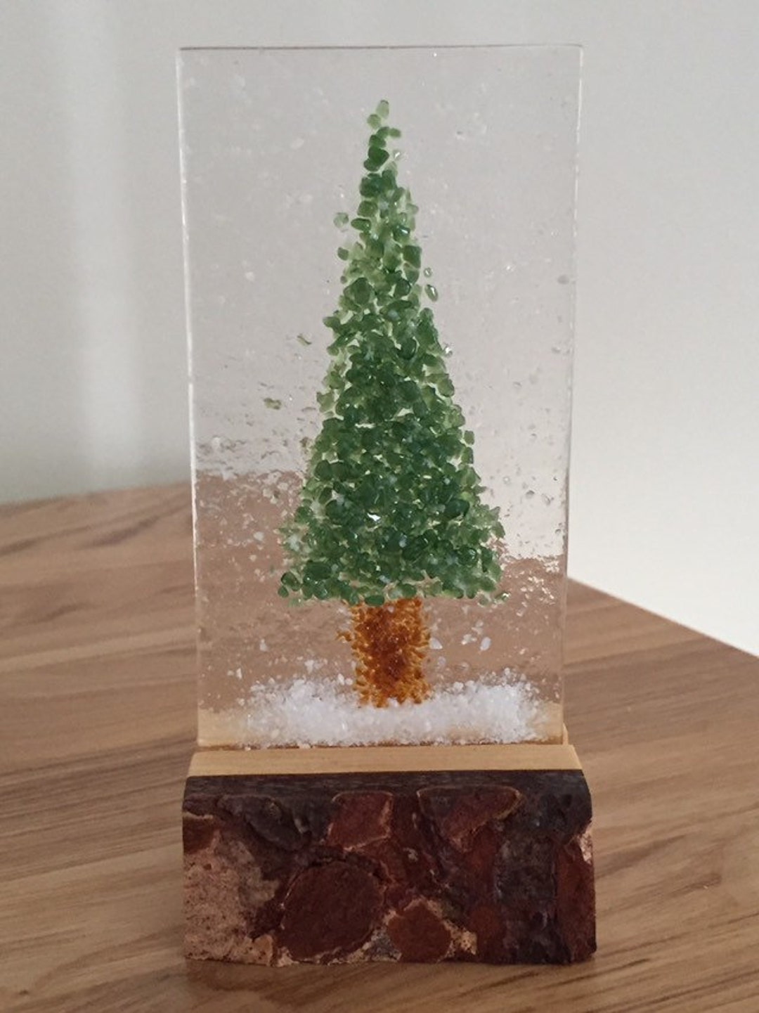 Glass Frit Fir Tree on a Wood Base, Handmade Winter Window Sill Art ...
