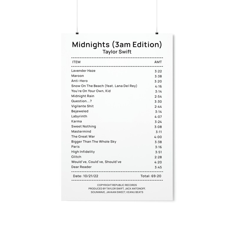 Taylor Swift's Midnights Album Receipt Poster Music, Pop, Eras Tour ...