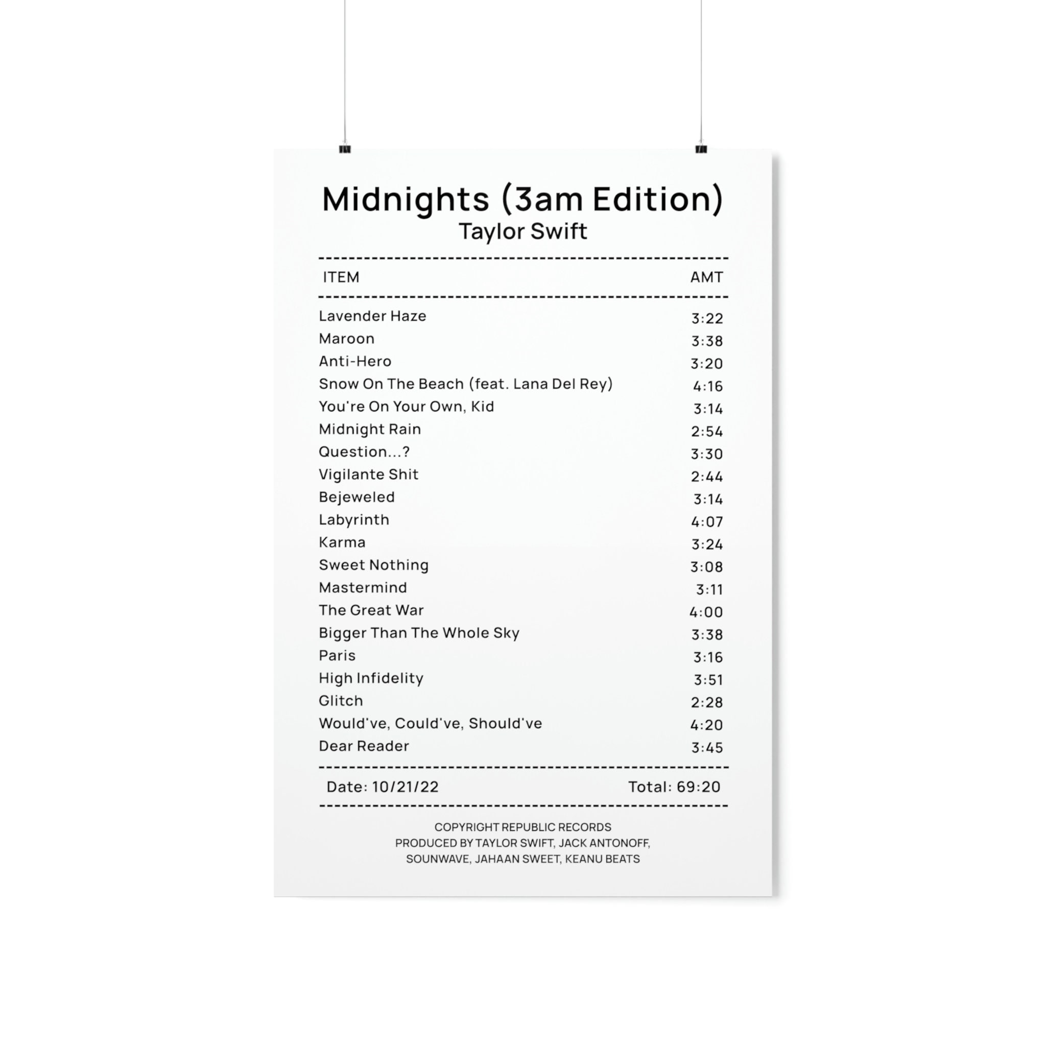 Taylor Swift's Midnights Album Receipt Poster Music, Pop, Eras Tour ...