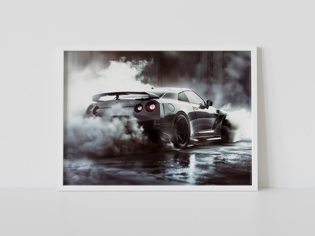 Nissan GTR Digital Art, Tire Smoke Scene, Digital Car Print, Nissan GTR ...
