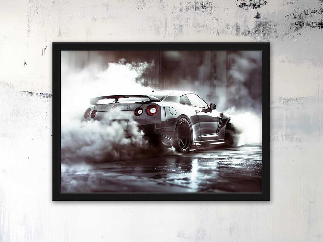 Nissan GTR Digital Art, Tire Smoke Scene, Digital Car Print, Nissan GTR ...