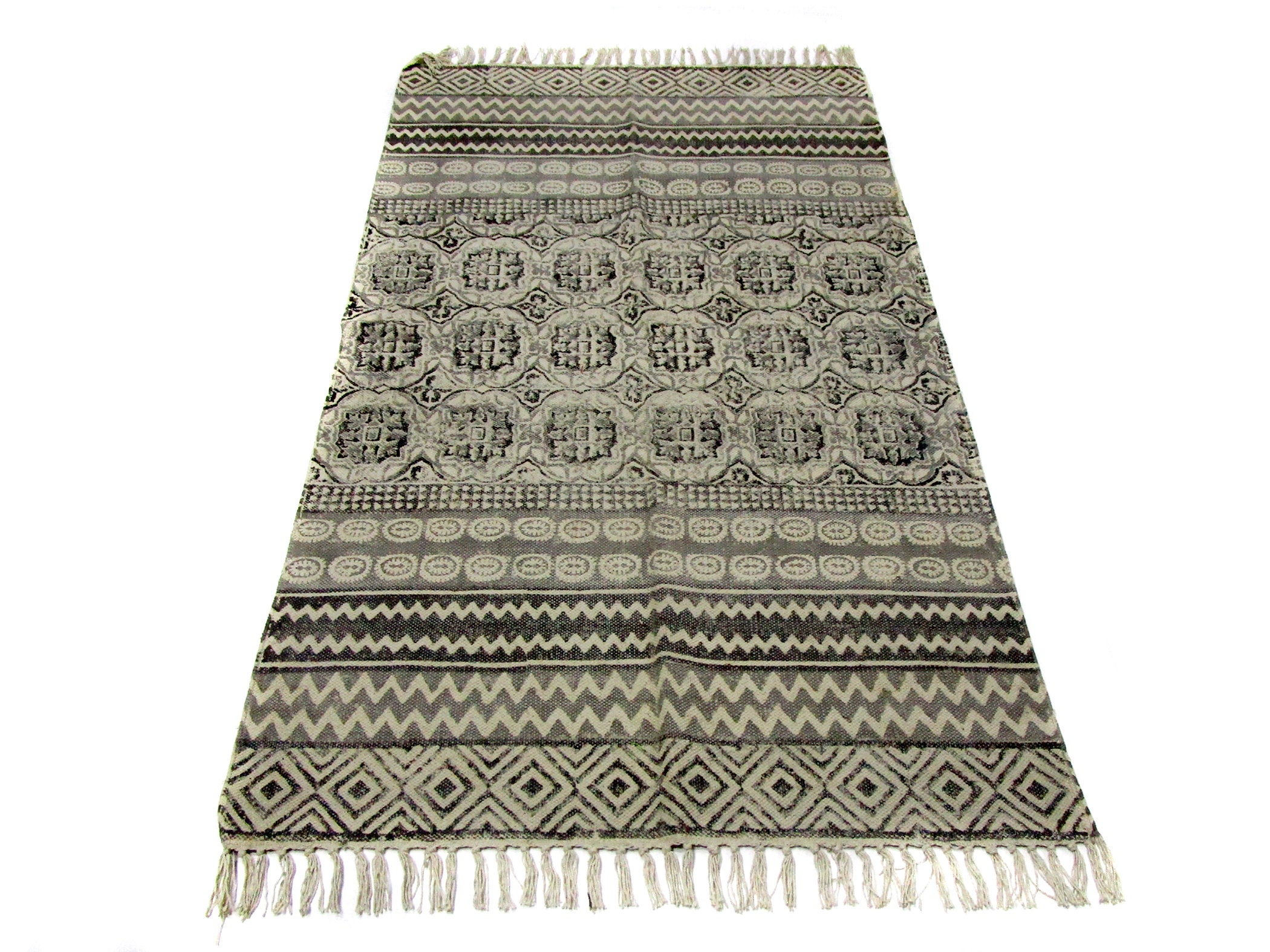 Indian Cotton Area Rug Grey & Black Color Rug Hand Block Design Long ...