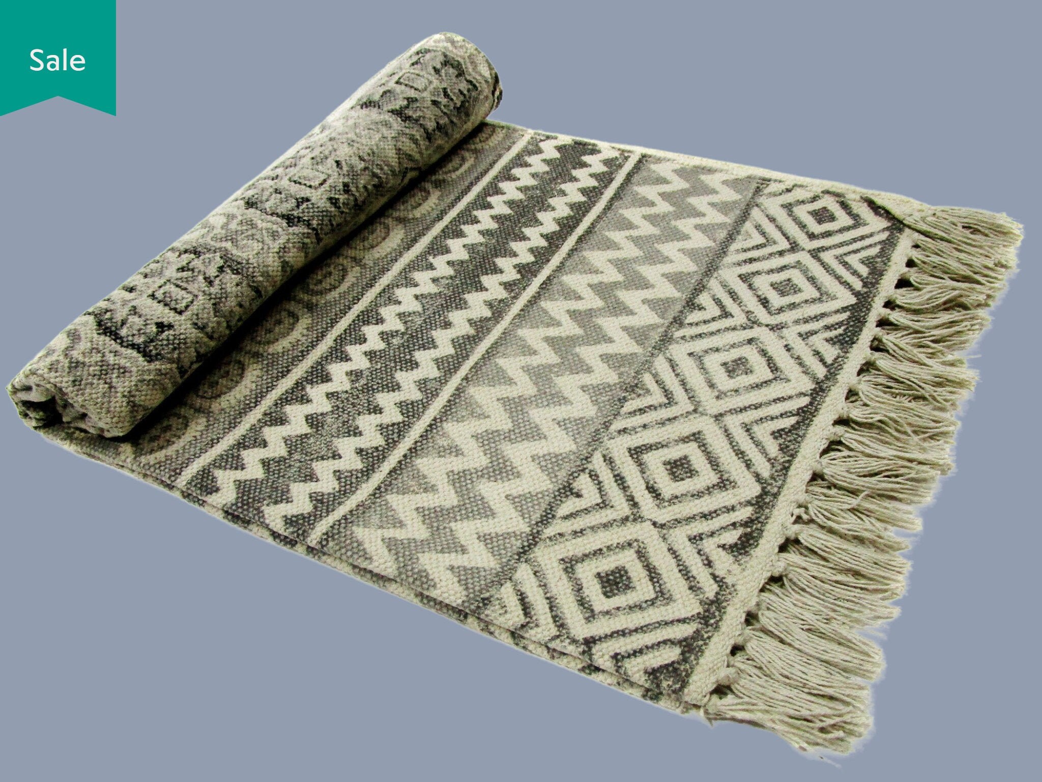 Indian Cotton Area Rug Grey & Black Color Rug Hand Block Design Long ...