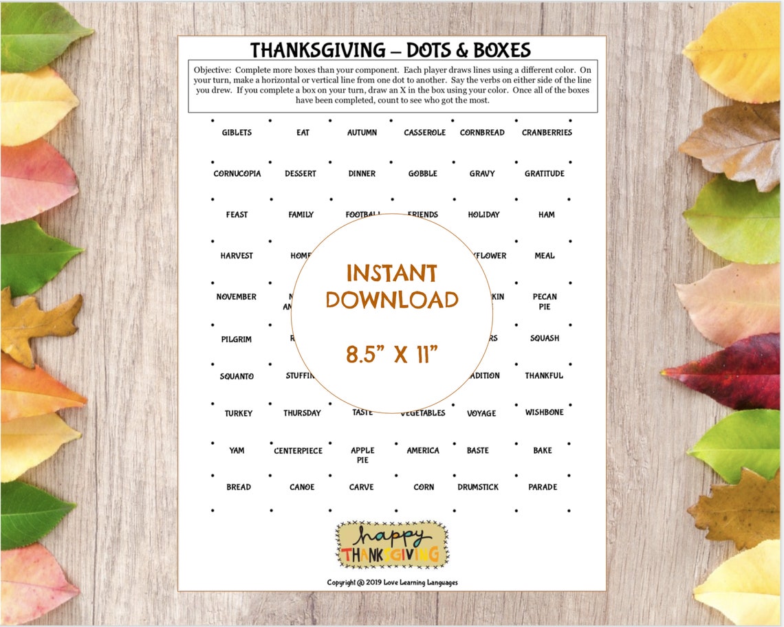 Thanksgiving Dots and Boxes Printable Activity - Etsy