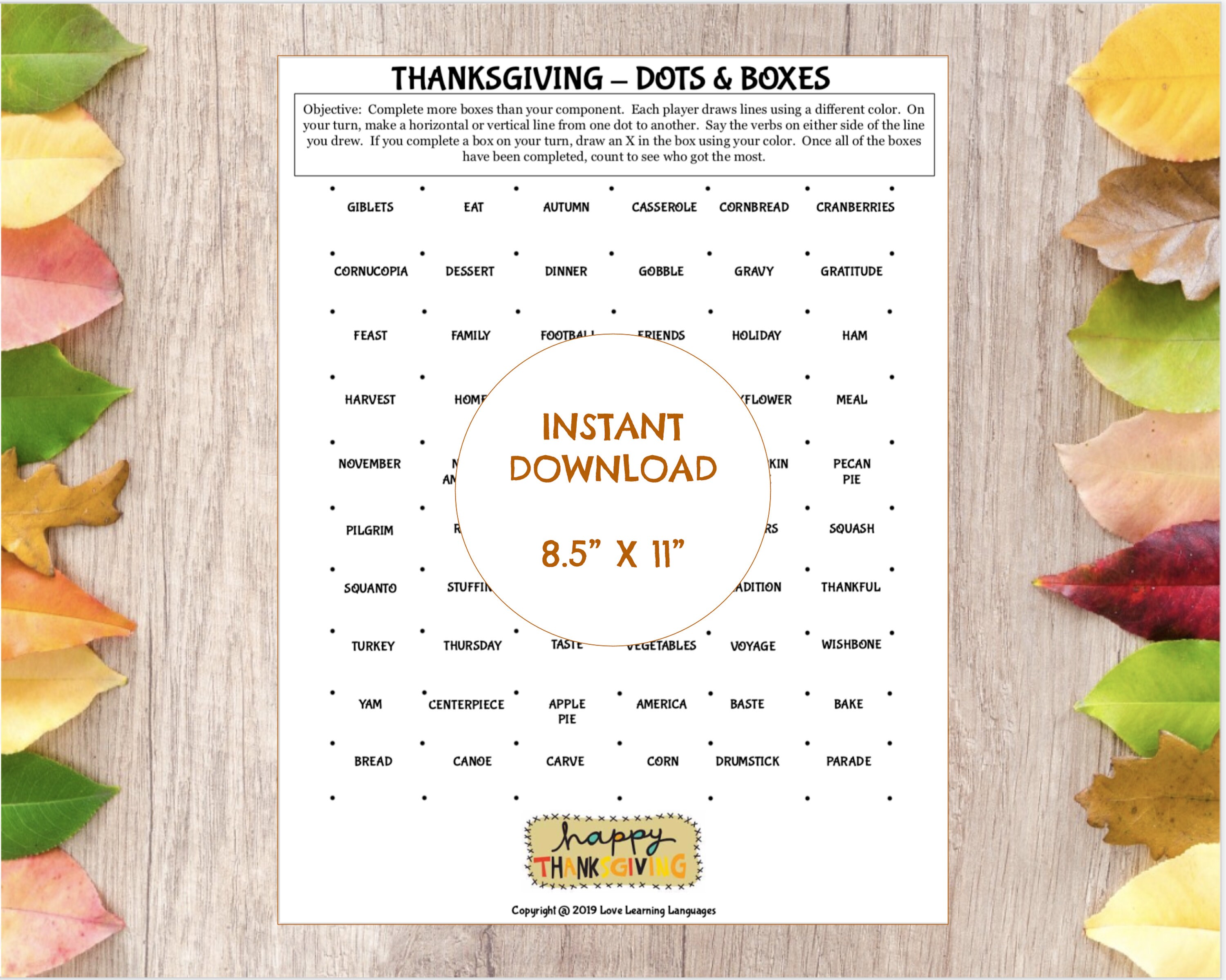 Thanksgiving Dots and Boxes Printable Activity - Etsy