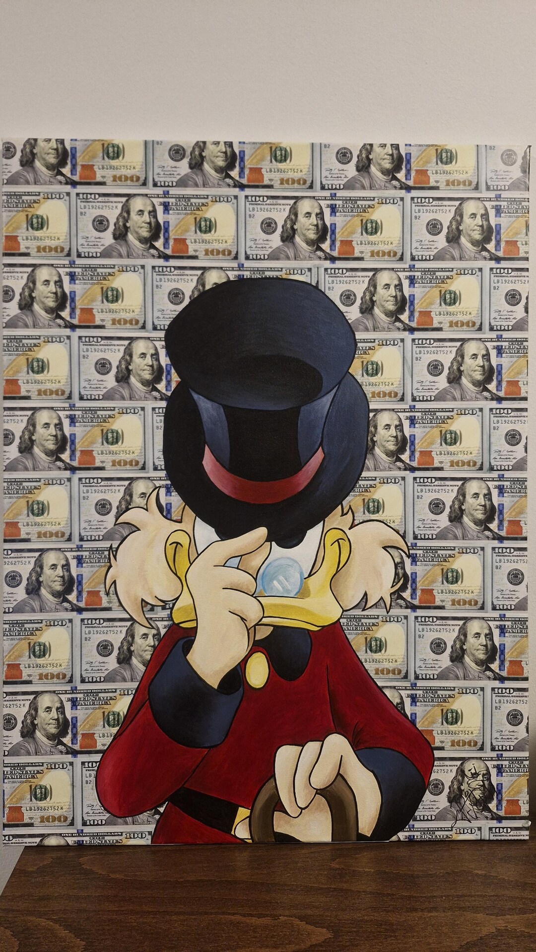 Painting of Scrooge Mac Duck on Background of 100 Dollar Bills. Acrylic ...