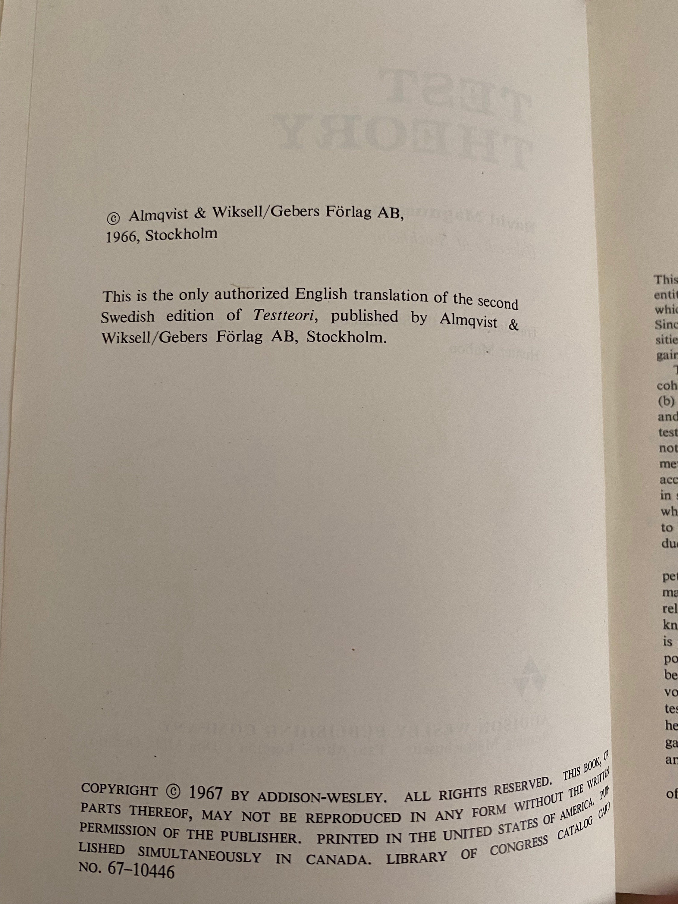 Vintage Textbook 1967 test Theory, David Magnusson, Translated by ...