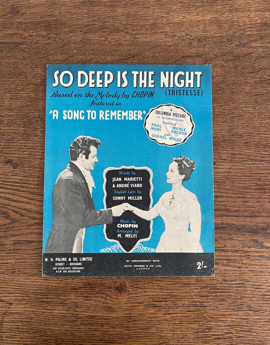 Vintage Sheet Music, so Deep is the Night, English Lyrics by Sonny ...