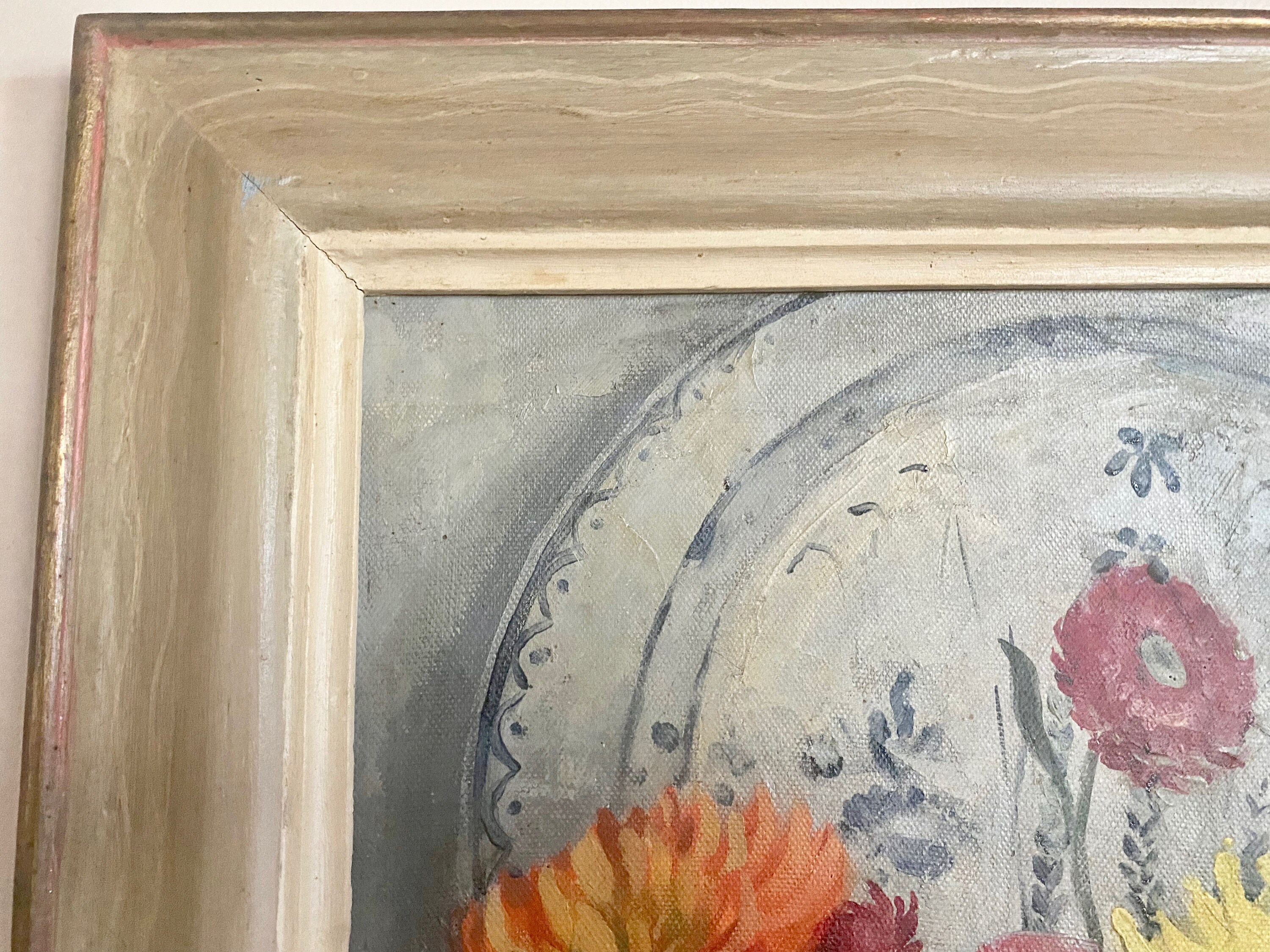 Vintage 1950 Original Oil Painting, Still Life Flowers & Plate, Hand ...