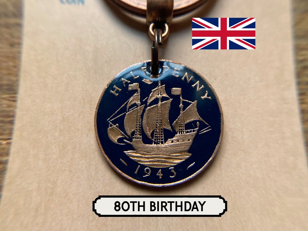 80th Birthday Idea / 1943 Half Penny Keyring / King George 6th ...