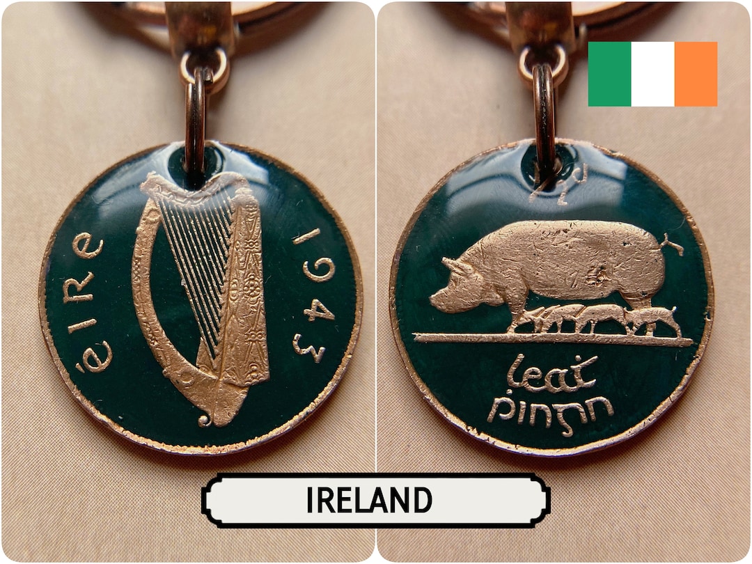 Irish Half Penny Keyring / Eire / Pig & Harp / 1928 1937 1941 1942 1943 ...