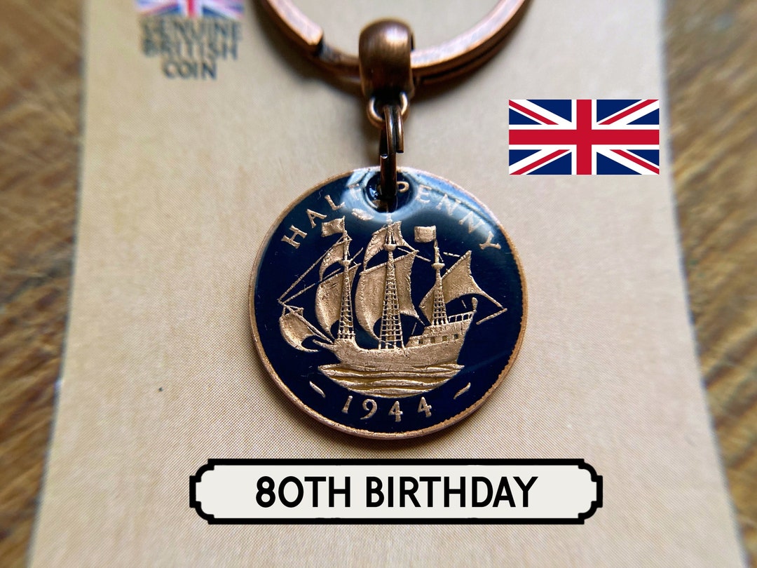 80th Birthday Idea / 1944 Half Penny Keyring / King George 6th ...