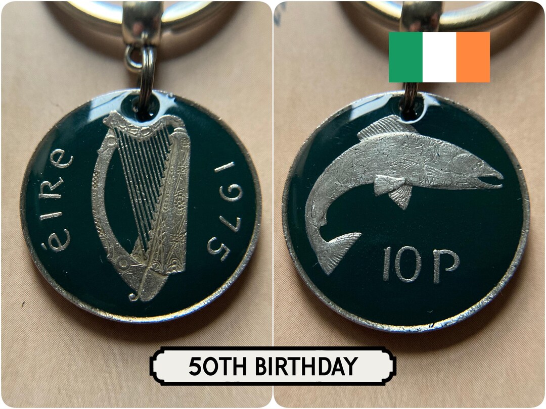 50th Birthday Idea / 1975 Irish Coin Keyring / Harp & Salmon / Ireland ...