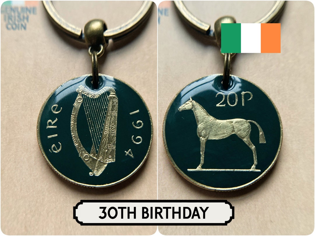 30th Birthday Idea / 1995 Irish Coin Keyring / 20p Coin / Horse & Harp ...