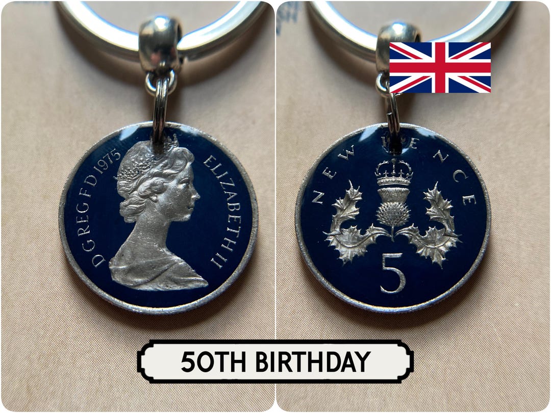 50th Birthday Idea / 1975 British Coin Keyring / Old 5p Coin / Scottish ...