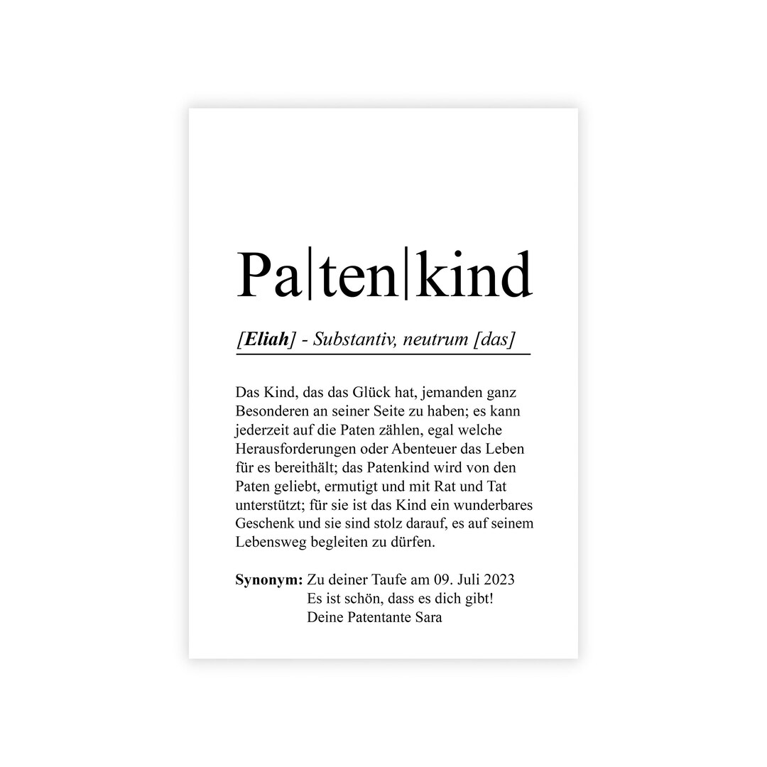 Personalisiertes Bild "Definition PATENKIND" Taufe Geburt Baby Pate ...