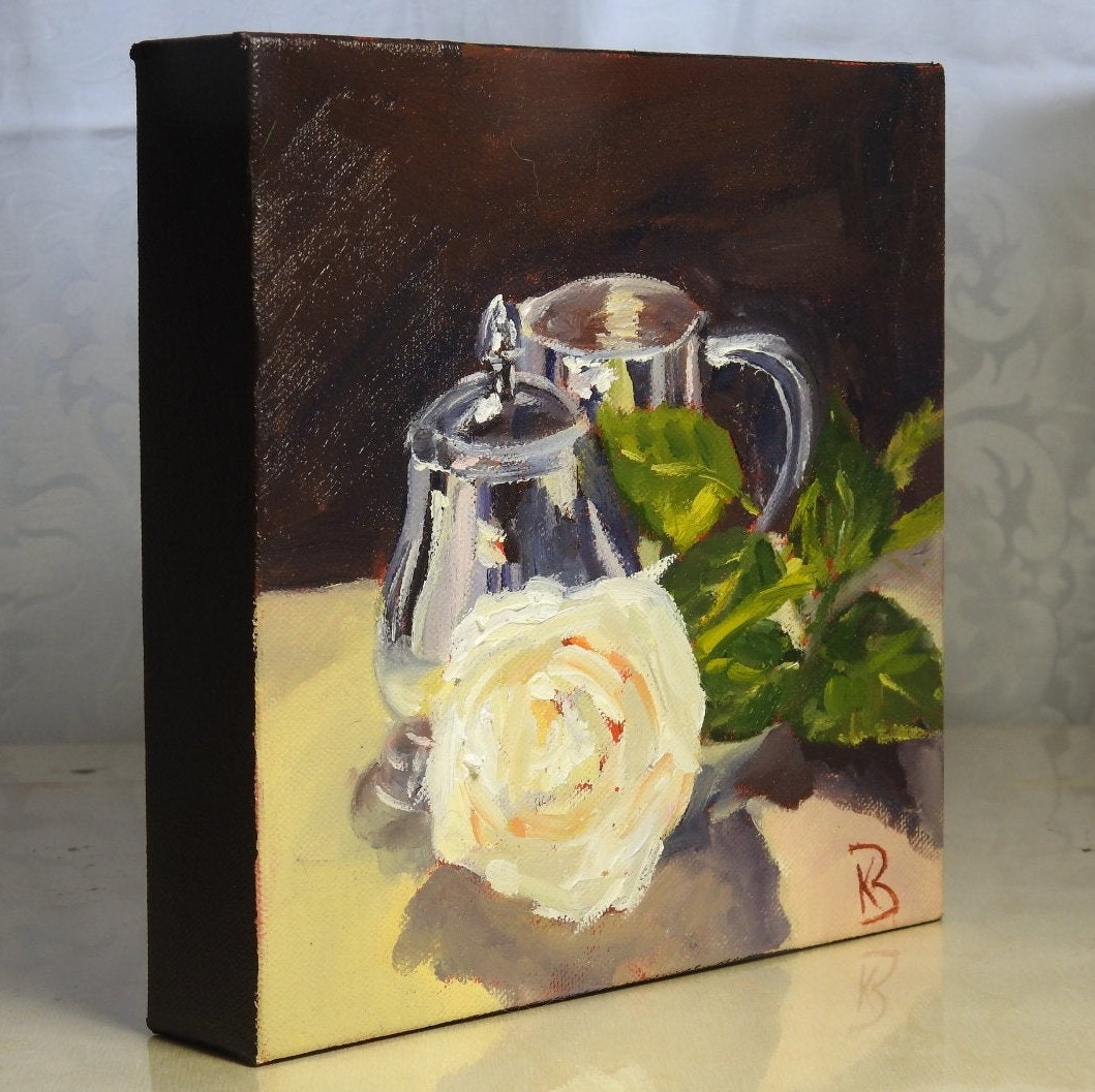 Original Ölgemälde, weiße Rose und silberner Krug Stillleben auf ...