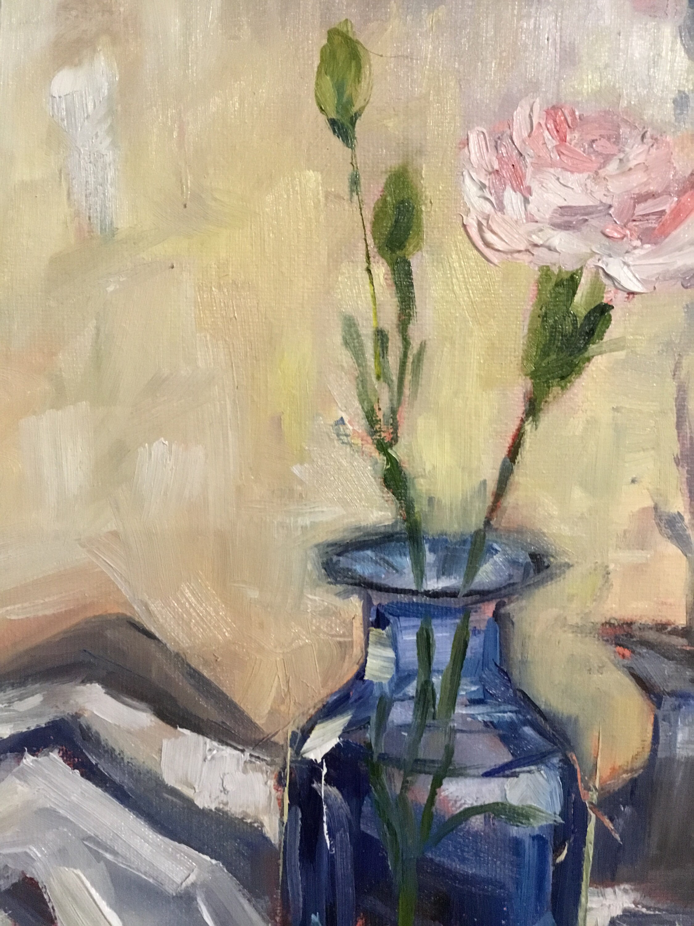 Carnation Still Life Oil Painting: Blue Glass Vase, Romantic Floral Art ...