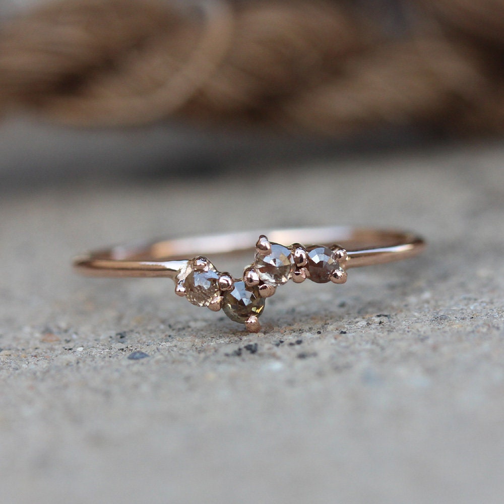 Wave Design Ice Diamond Ring Solid 14k Rose Gold Handmade Fine | Etsy