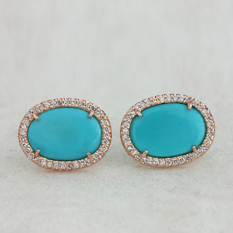 Genuine Turquoise Gemstone Oval Shape Stud Earrings Solid 14k | Etsy