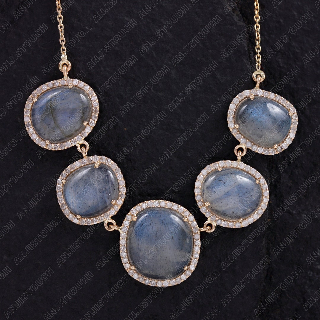 Blue Labradorite 14k Gold Necklace: Pave Diamond Handmade Pendant - Etsy