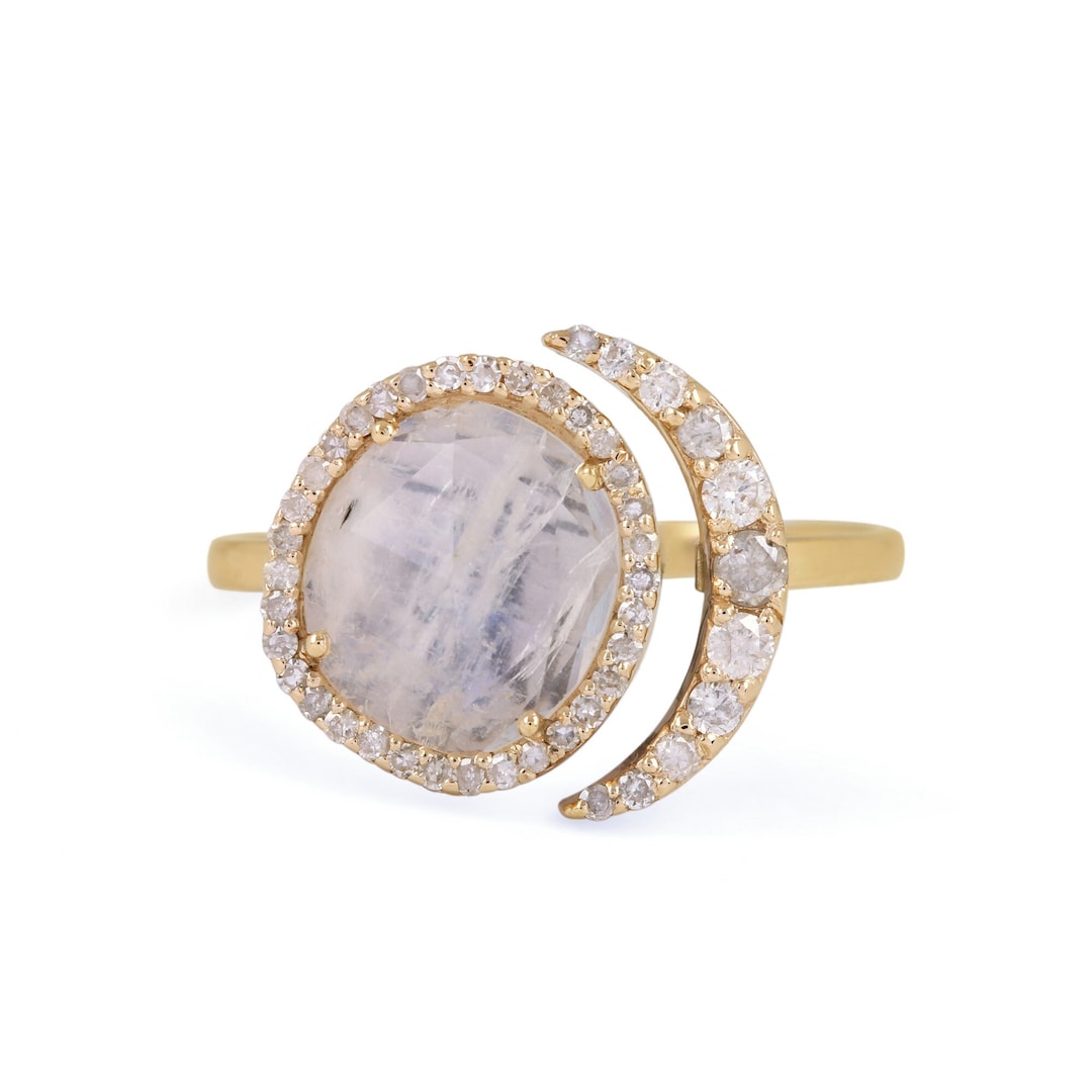 Pave Diamonds Crescent Moon Anillo de piedra lunar azul natural Sólido ...