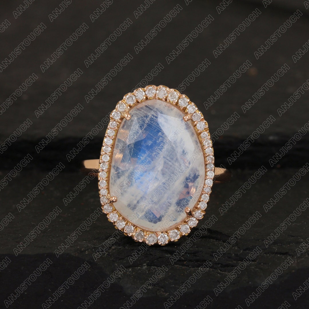 Handmade 14k Rose Gold Blue Moonstone Diamond Ring - Etsy
