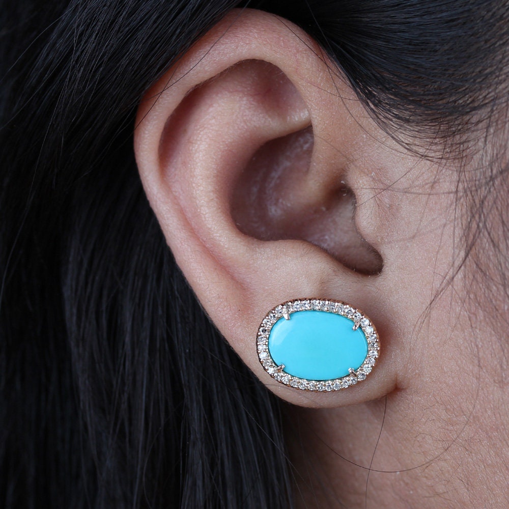 Genuine Turquoise Gemstone Oval Shape Stud Earrings Solid 14k | Etsy