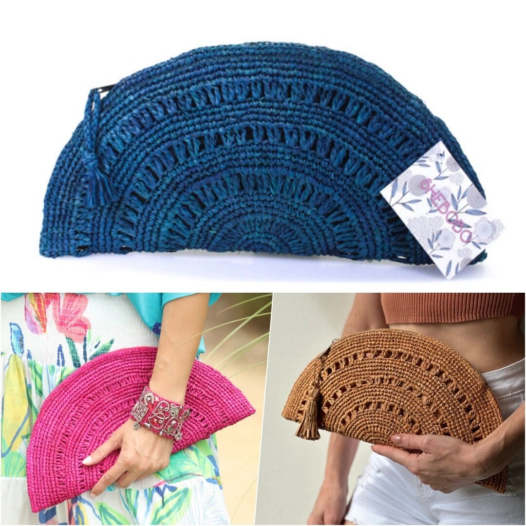 Shebobo Boho Crochet Straw Raffia Summer Bag Large Clutch Tassel Zipper ...
