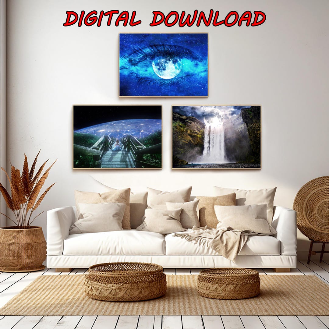 Mystical Dreamscape Art Print Set - Celestial Eye, Fantasy Waterfall ...