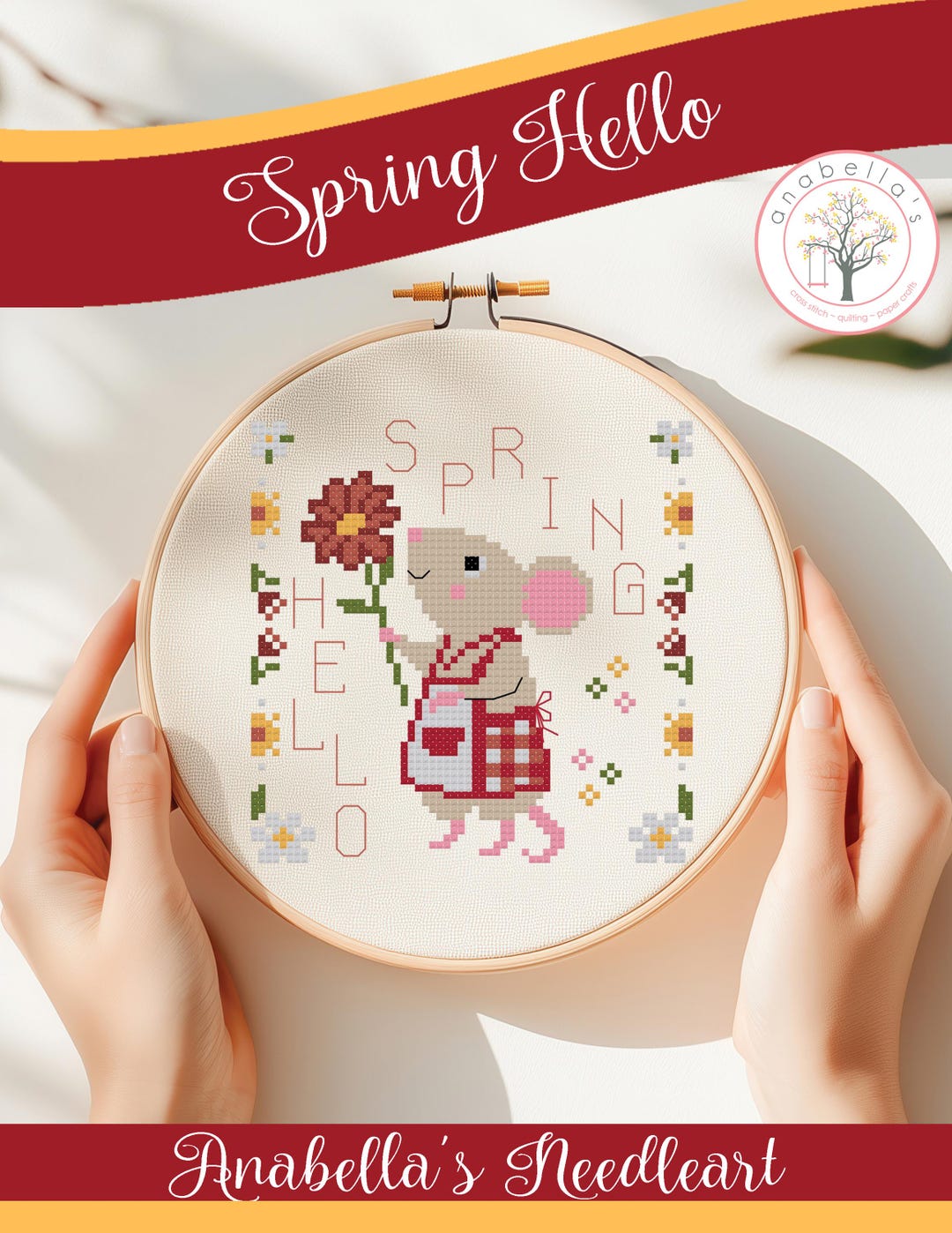 Spring Hello Cross Stitch Pattern – Spring Mouse Cross Stitch ...