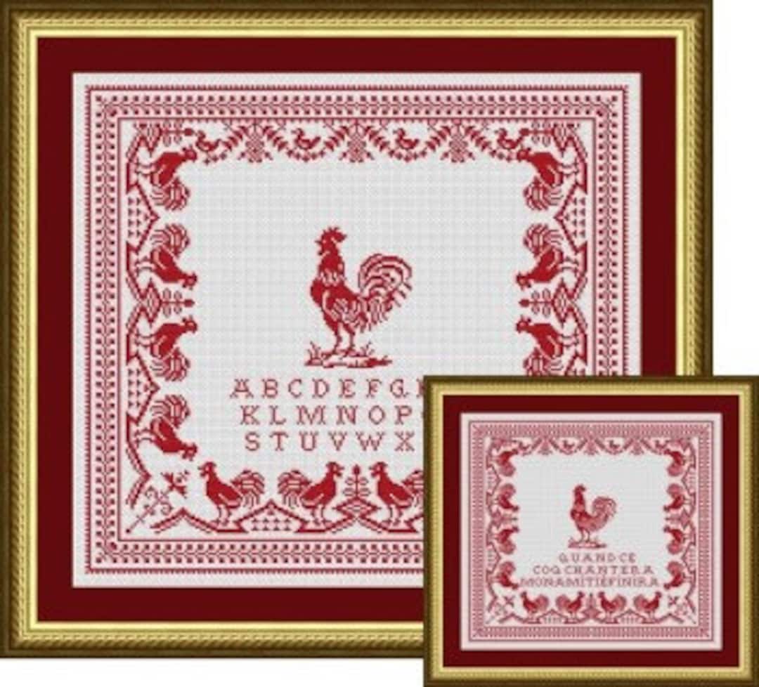 Happiness is Heartmade ANTIQUE RED ROOSTER Sampler Cross Stitch Pattern ...