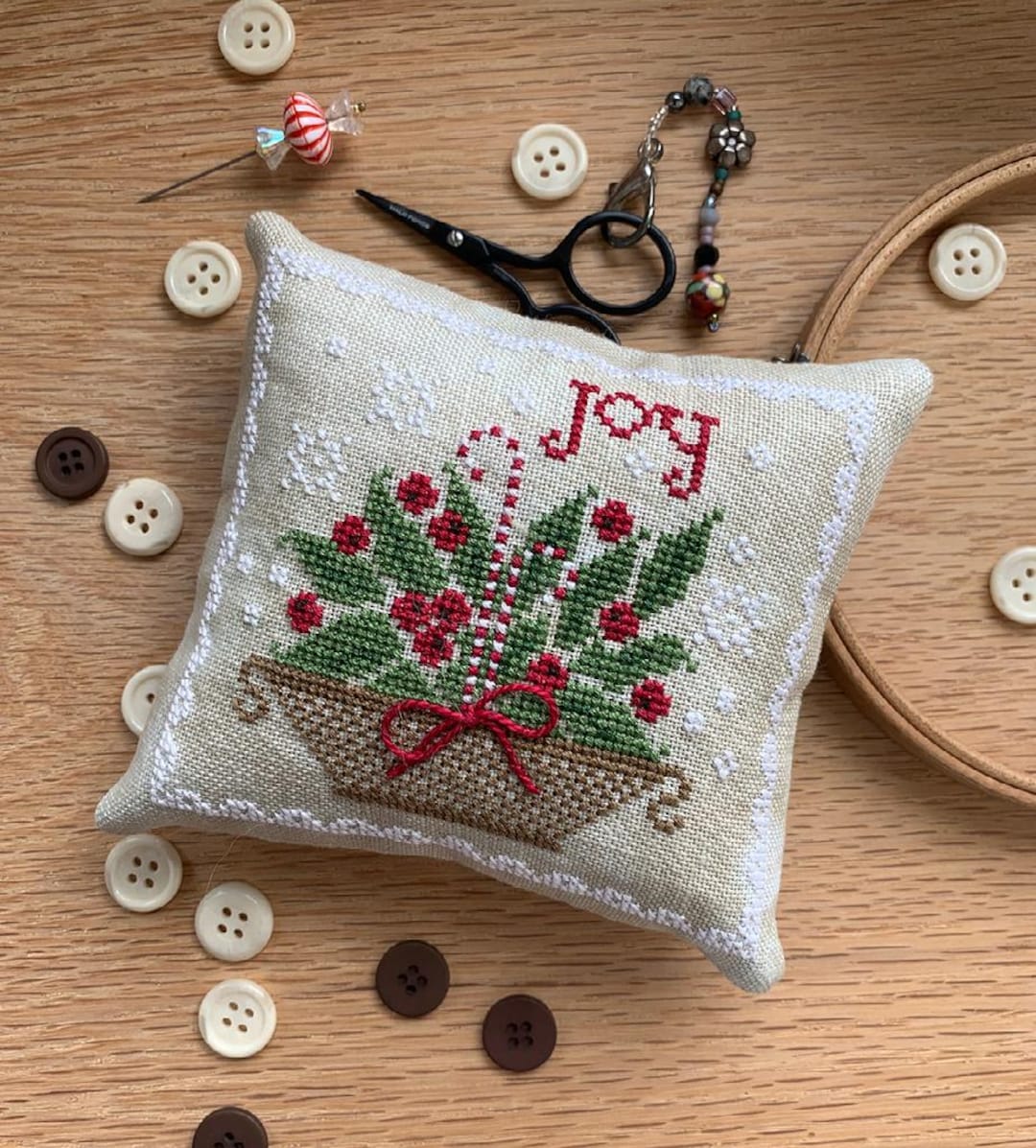 Stitches by Ethel ~ Holly Basket Pinkeep Cross Stitch Pattern - Christmas Cross Stitch ...