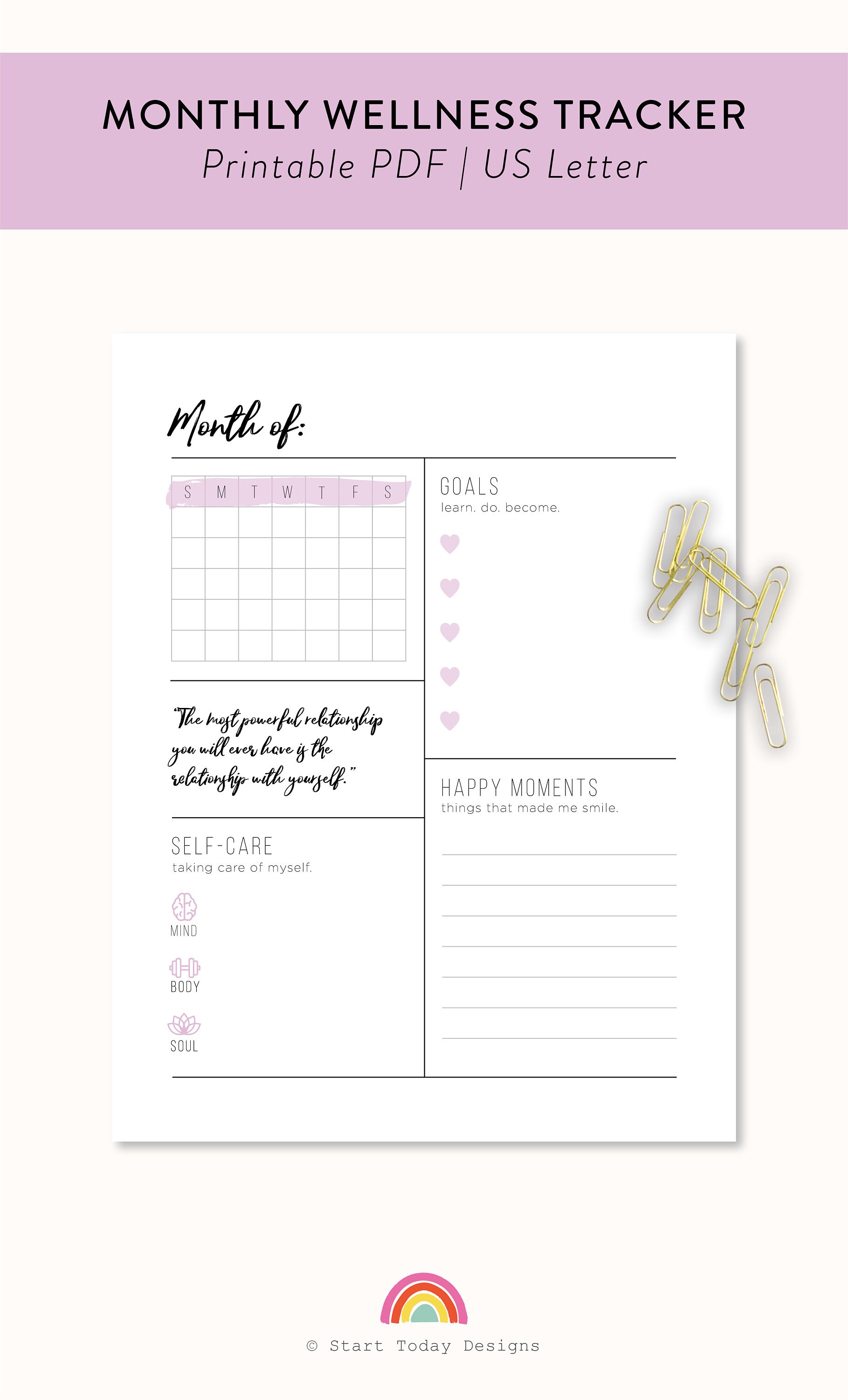 Personal Wellness Tracker Monthly Planner Printable Monthly Wellness ...