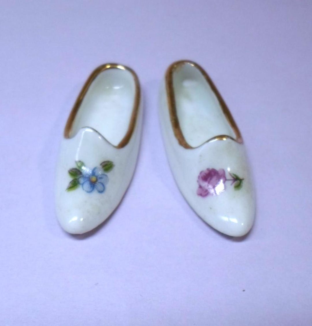 Pair Vintage LIMOGES MINIATURE SHOES Porcelain Slippers Flowers Pattern ...