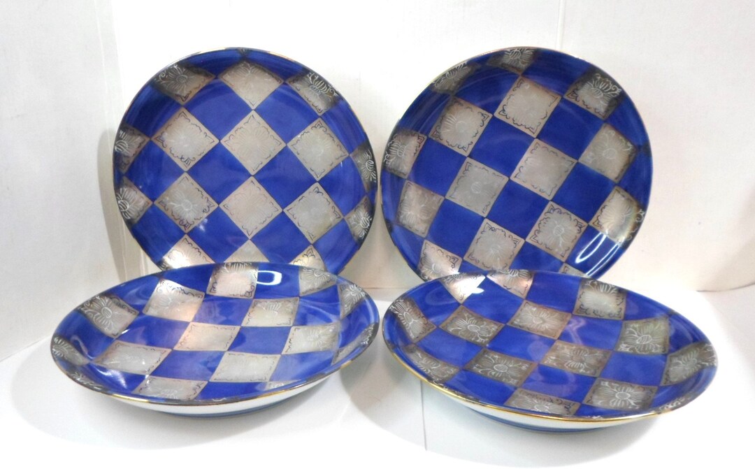 4 Vintage JAPANESE CHECKERBOARD PLATES Blue & Platinum Pattern Floral ...
