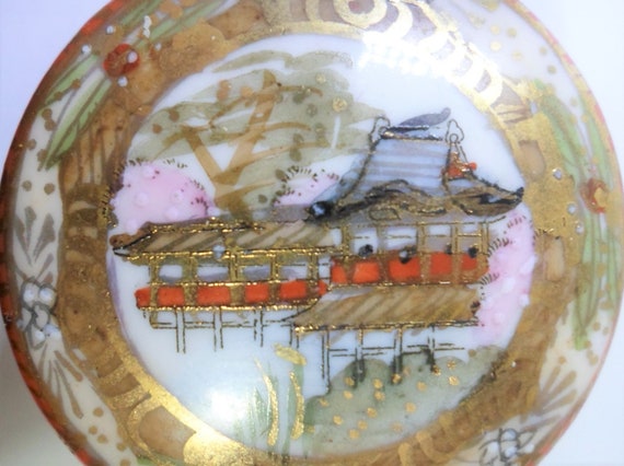 Antique NIPPON SATSUMA RING / Trinket Box Garden Pavi… - Gem