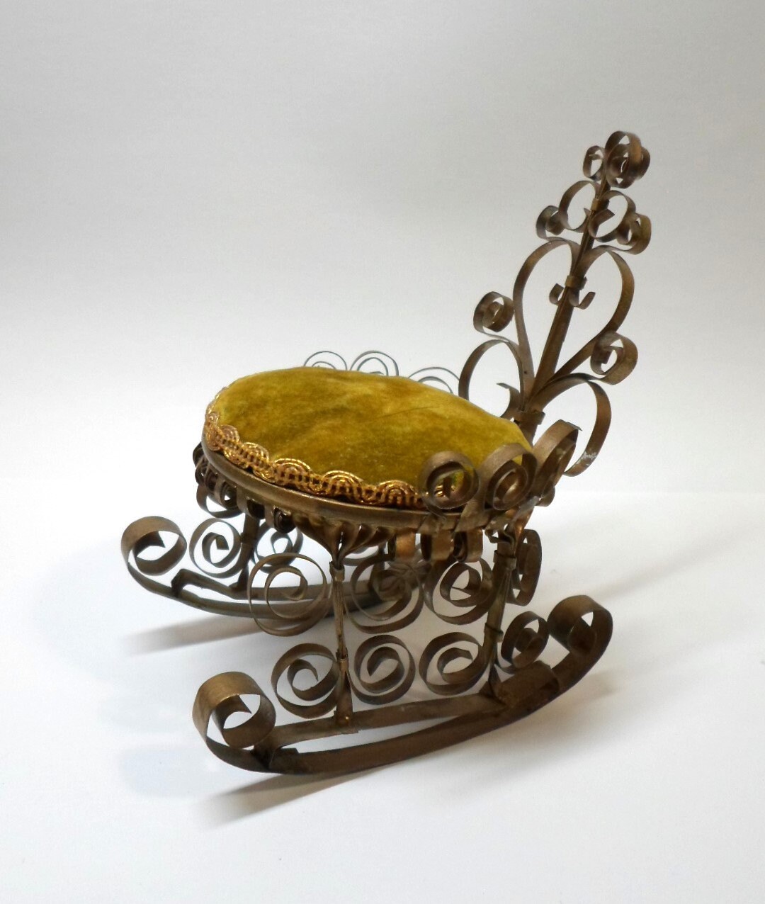 Vintage ROCKING CHAIR Pin CUSHION Made From Tin Can Heart & Scrolls ...