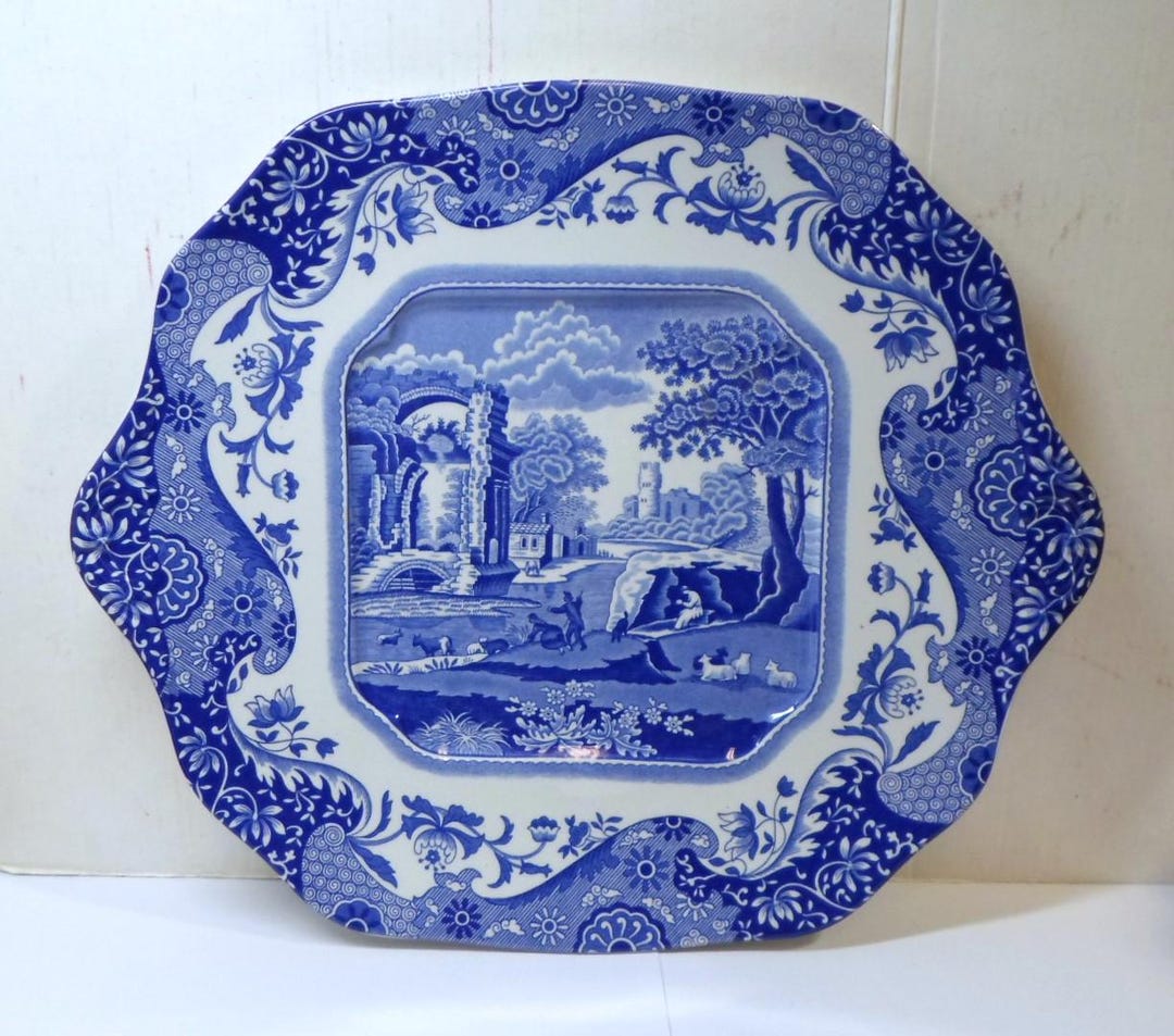 Vintage SPODE CAKE PLATE Italian Pattern Square Blue & White English ...
