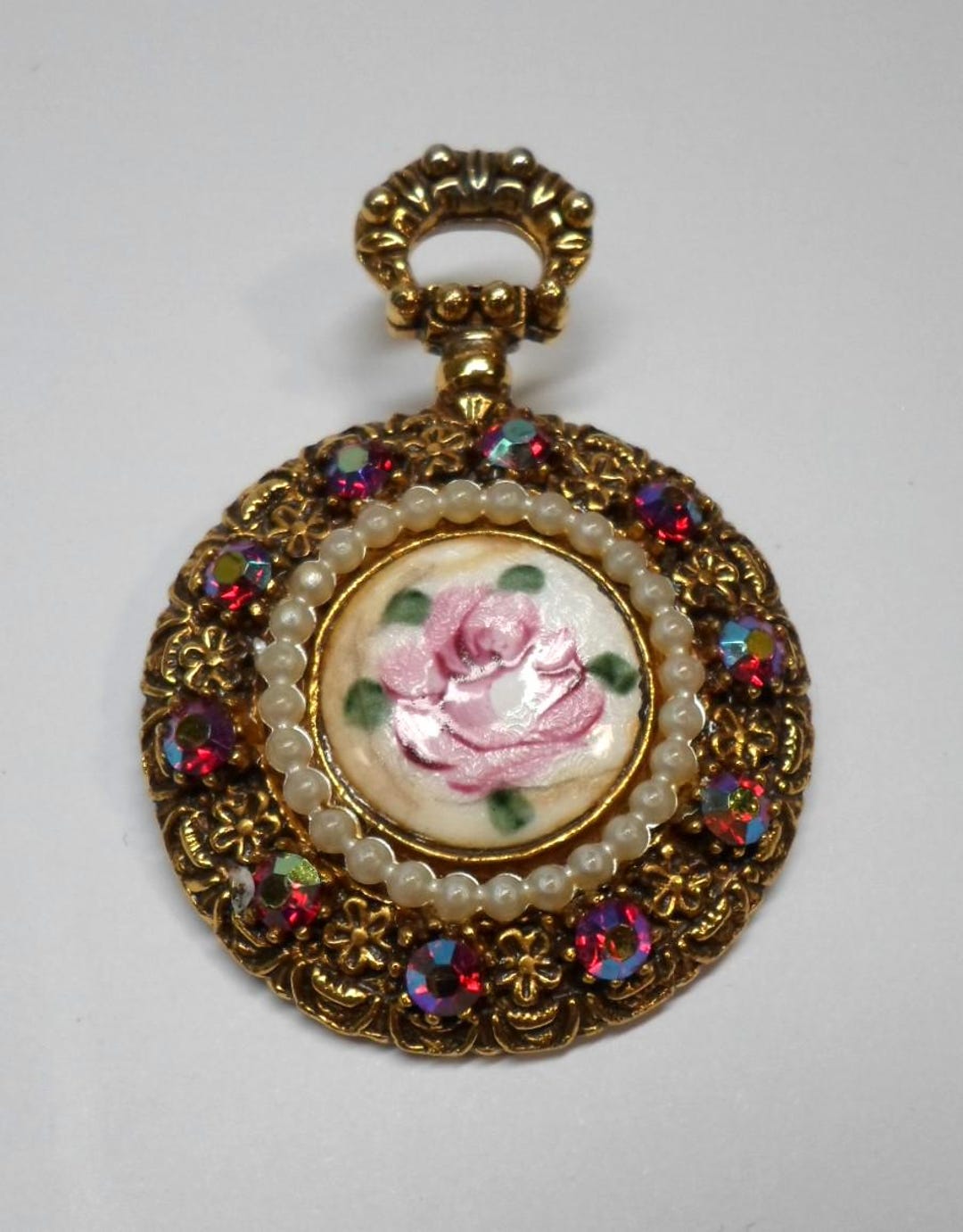 Vintage FLORENZA POCKET WATCH Pin / Pendant Enameled Rose A B Stones ...