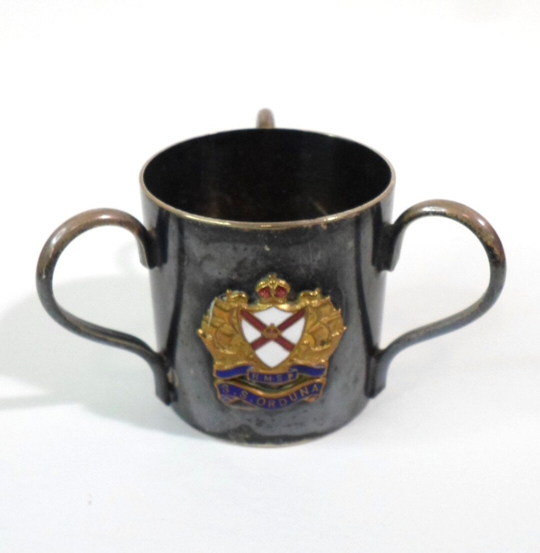 Antique RMSP ORDUNA SOUVENIR Cup 3 Handled Tyg Enameled Crest Silver ...