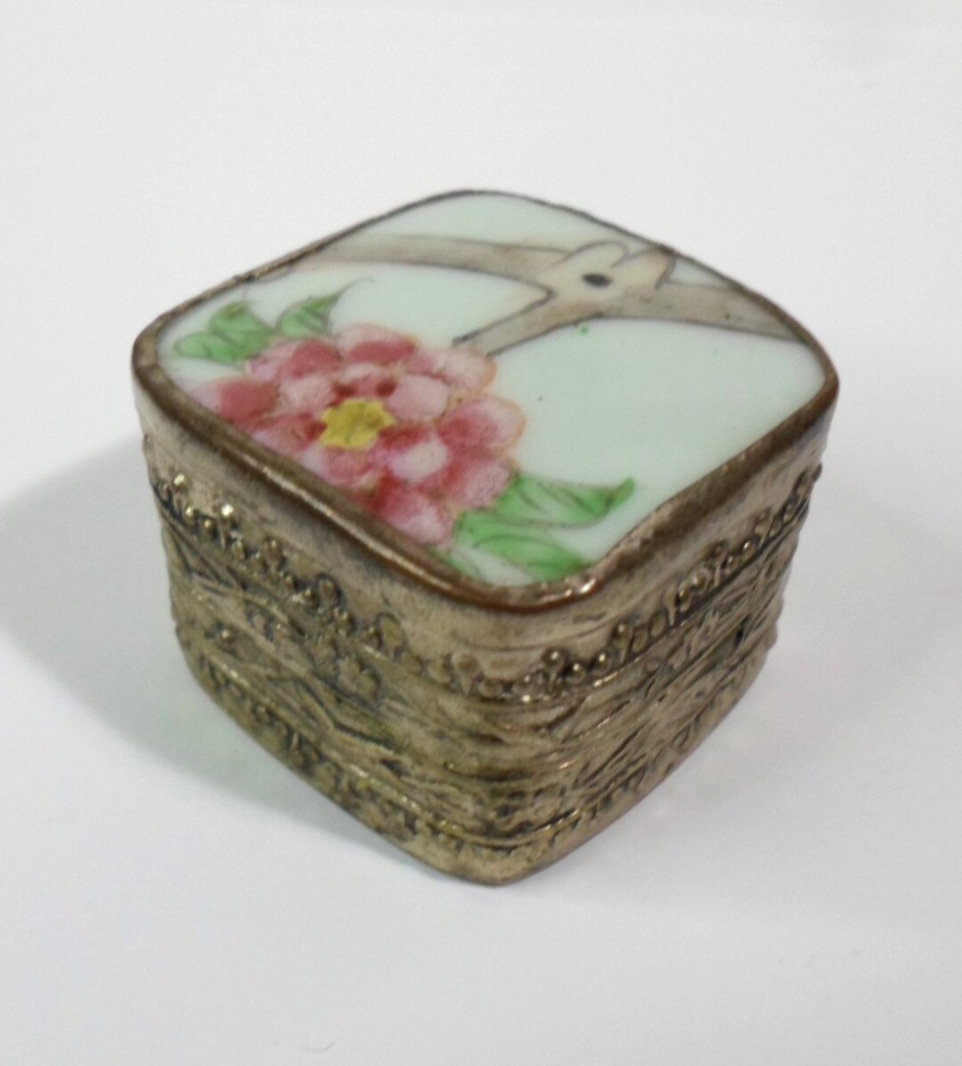 Vintage Chinese PORCELAIN SHARD BOX Trinket / Ring Pink Flower on ...