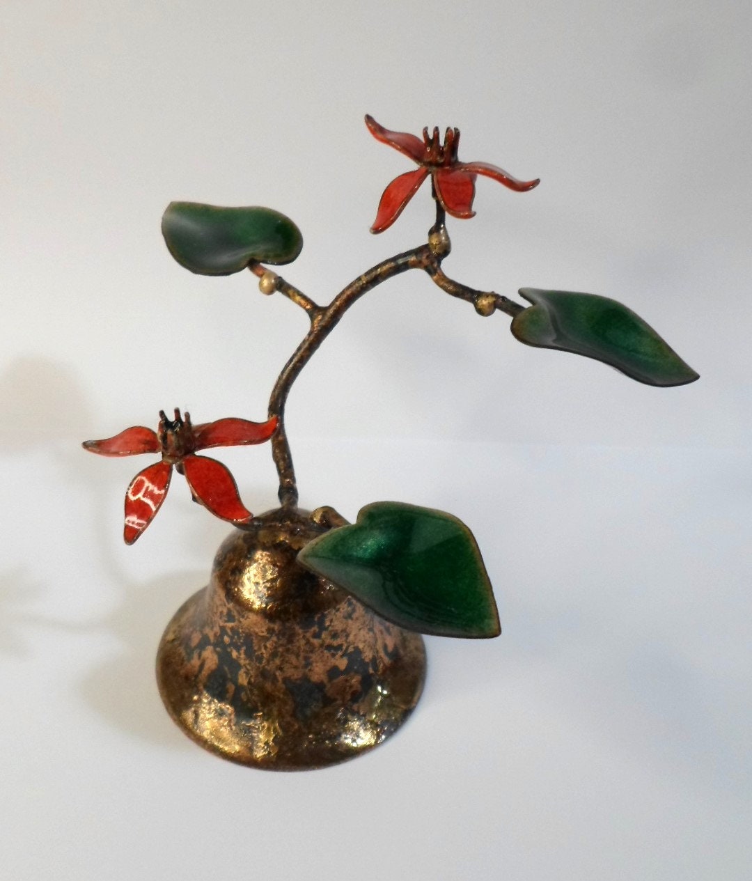 Vintage BOVANO of Cheshire ENAMEL BELL Red Flowers Green Leaves 4.25 ...